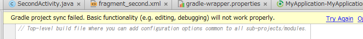 61日目 "Gradle project sync failed. Basic functionality (e.g editing debugging)will not work ...