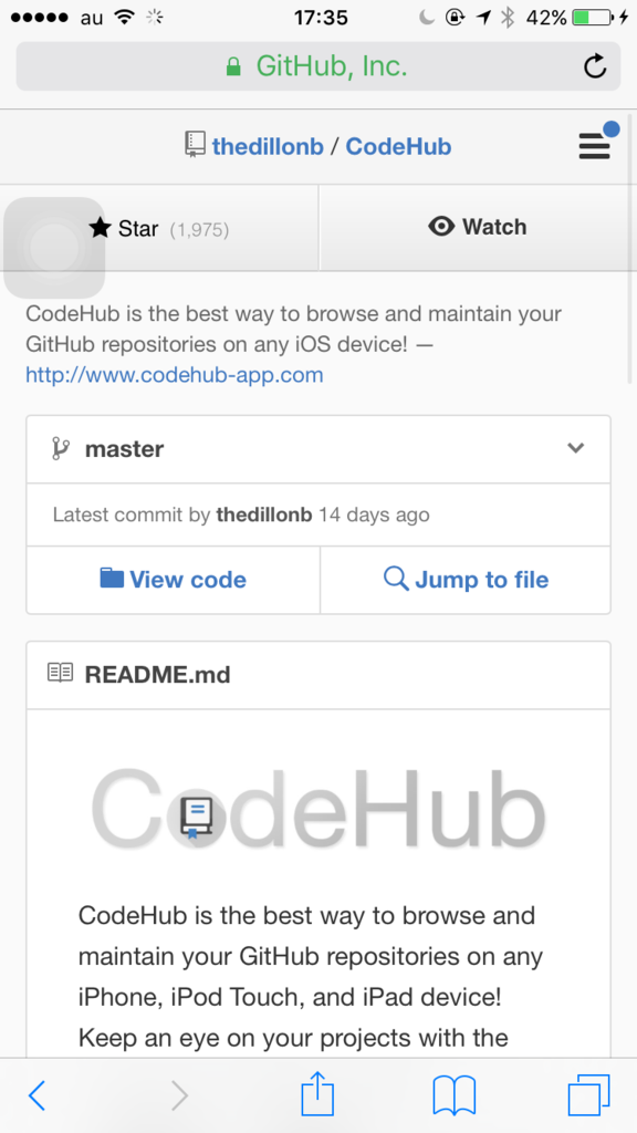 GitHubのページをCodeHubというiOSアプリで開く - @peccul is peccu