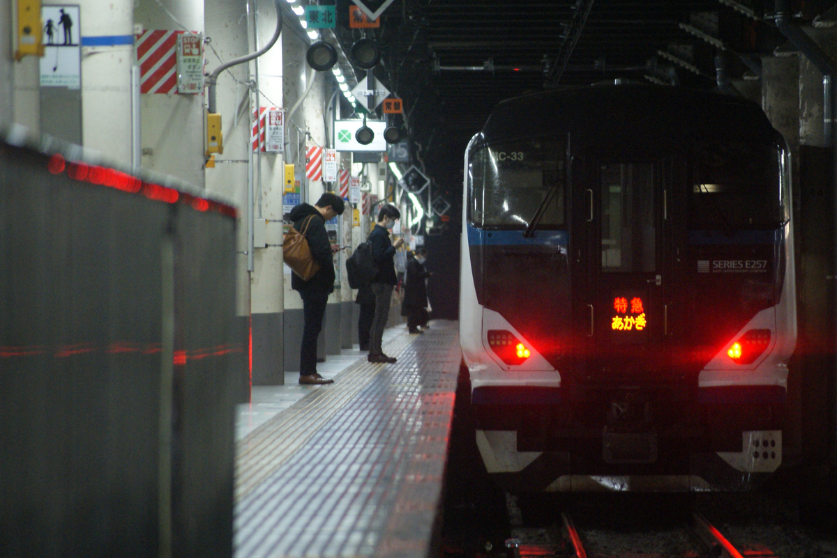 上野駅での撮影あれこれ（地平ホーム）。E231系・E233系・E257系特急あかぎ2本。 - ひがなり雑記帳