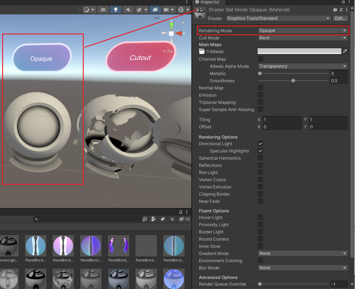 MixedReality-GraphicsTools-Unityを触る その⑥ MaterialGalleryサンプル RenderingMode - 夜風のMixedReality