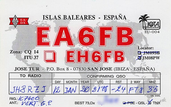 近着QSL（紙） EA6FB 3.5MHz/FT8 - 無線のムに濁点 JH8RZJ