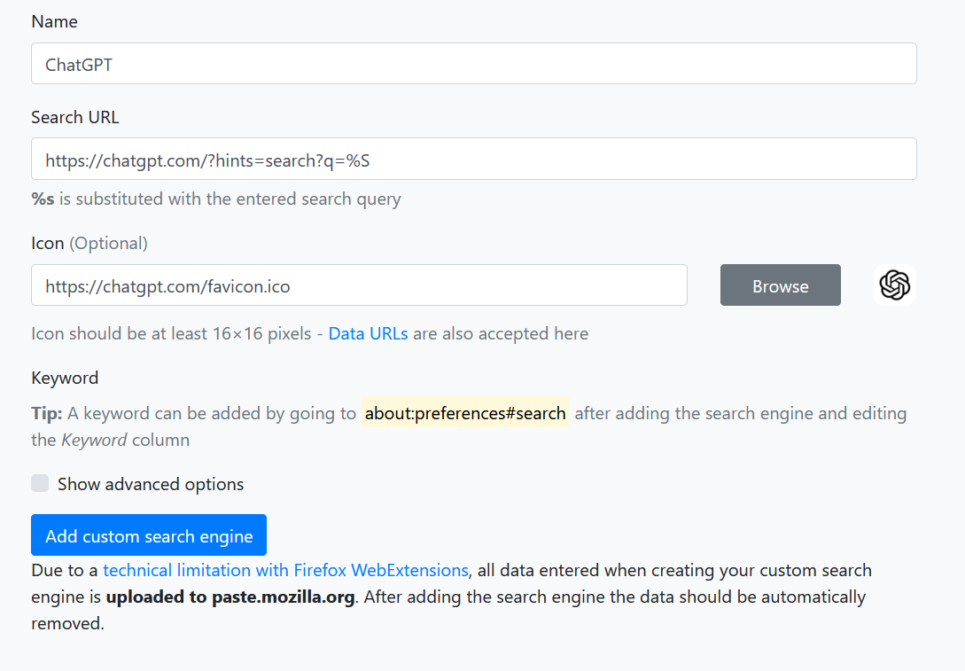 FireFox に ChatGPT Search を検索エンジンとして追加方法 - NEXTAltair's diary