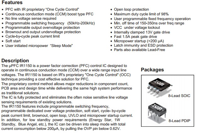 明佳達電子｜IR1150/IR1150I｜International Rectifier｜µPFC ONE CYCLE CONTROL PFC ...