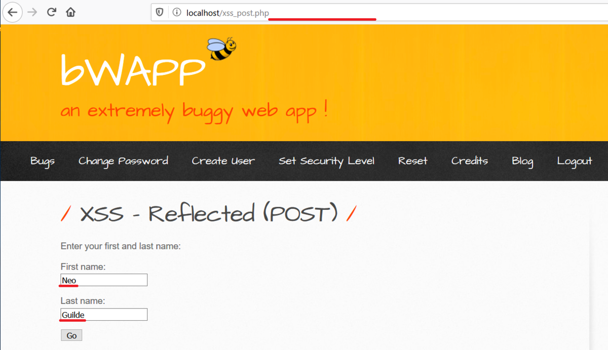 bWAPPでA3-XSS-Reflected (POST) - Shikata Ga Nai