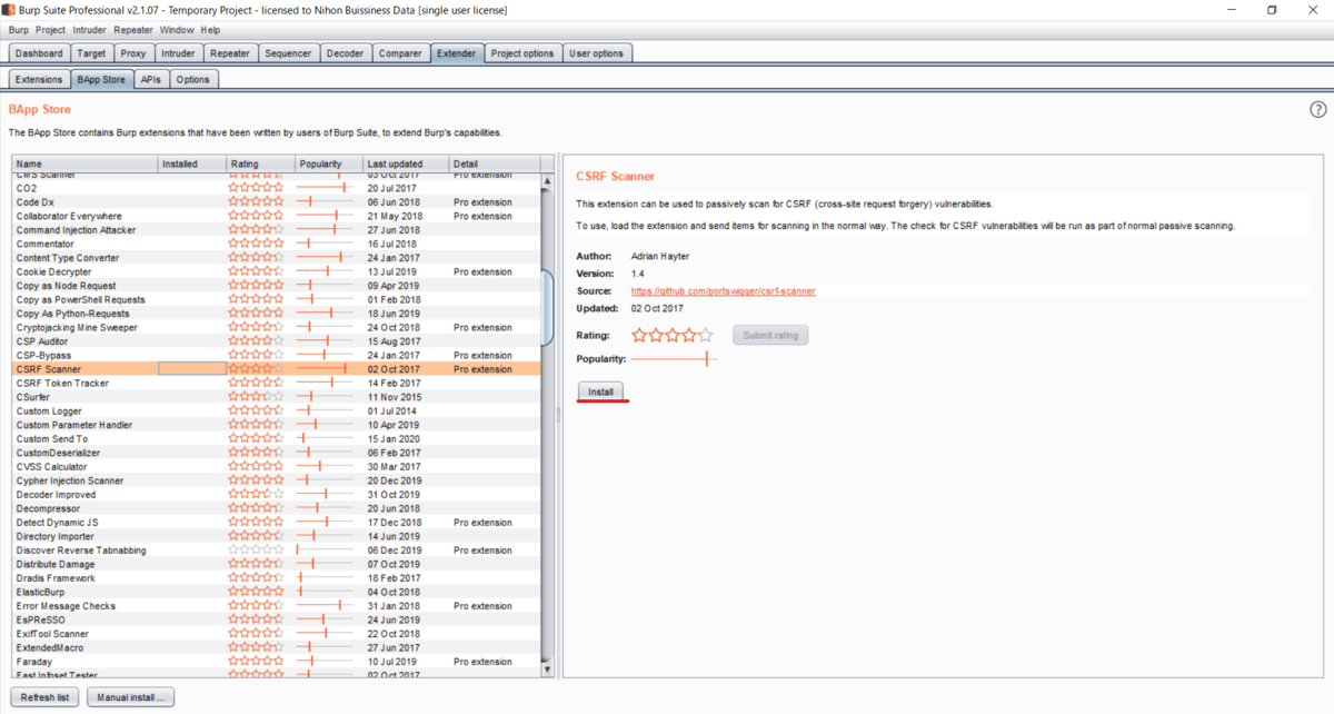 Burp SuiteでCSRF Scannerをインストールしてみた - Shikata Ga Nai