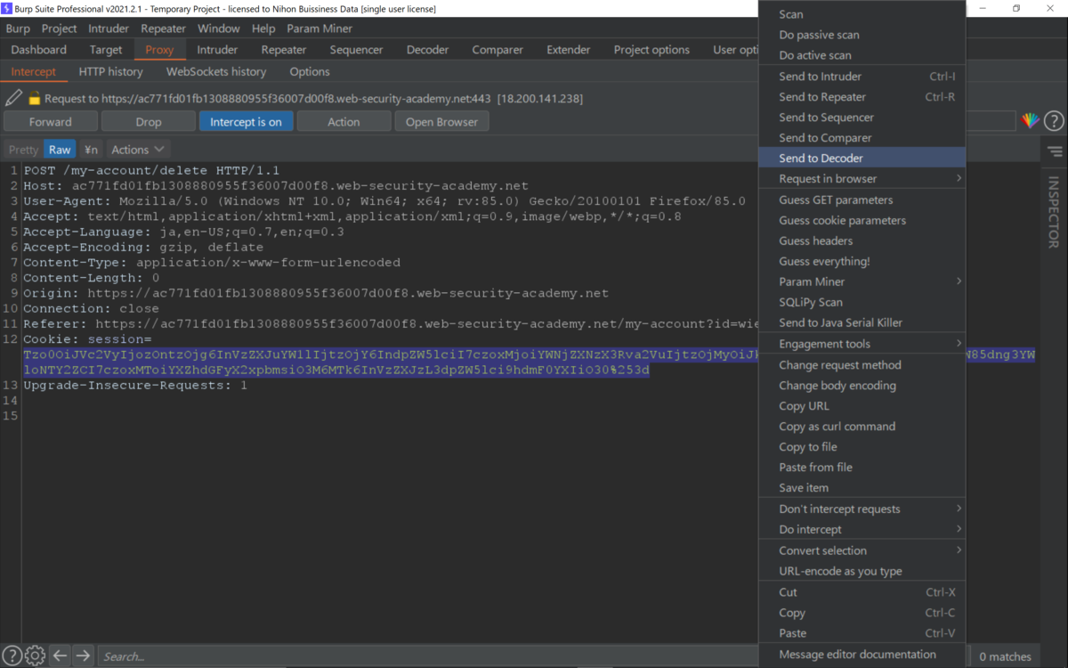 Using application functionality to exploit insecure deserializationをやって ...