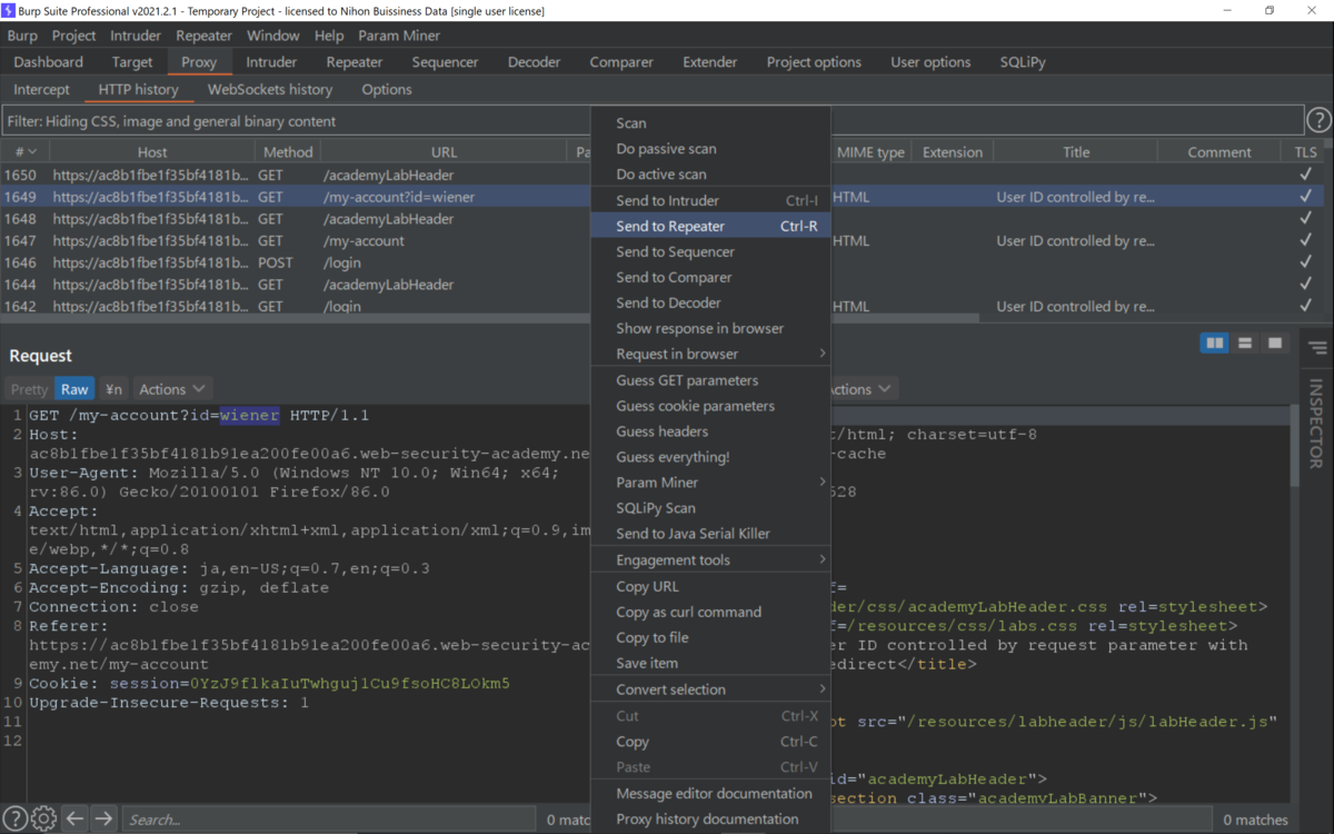 User ID controlled by request parameter with data leakage in redirectをやってみた - Shikata Ga Nai