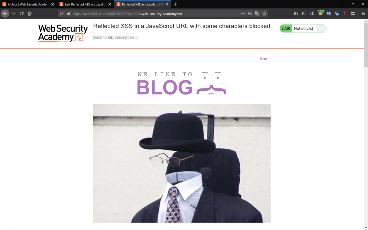 Reflected XSS in a JavaScript URL with some characters blockedをやってみた - Shikata Ga Nai