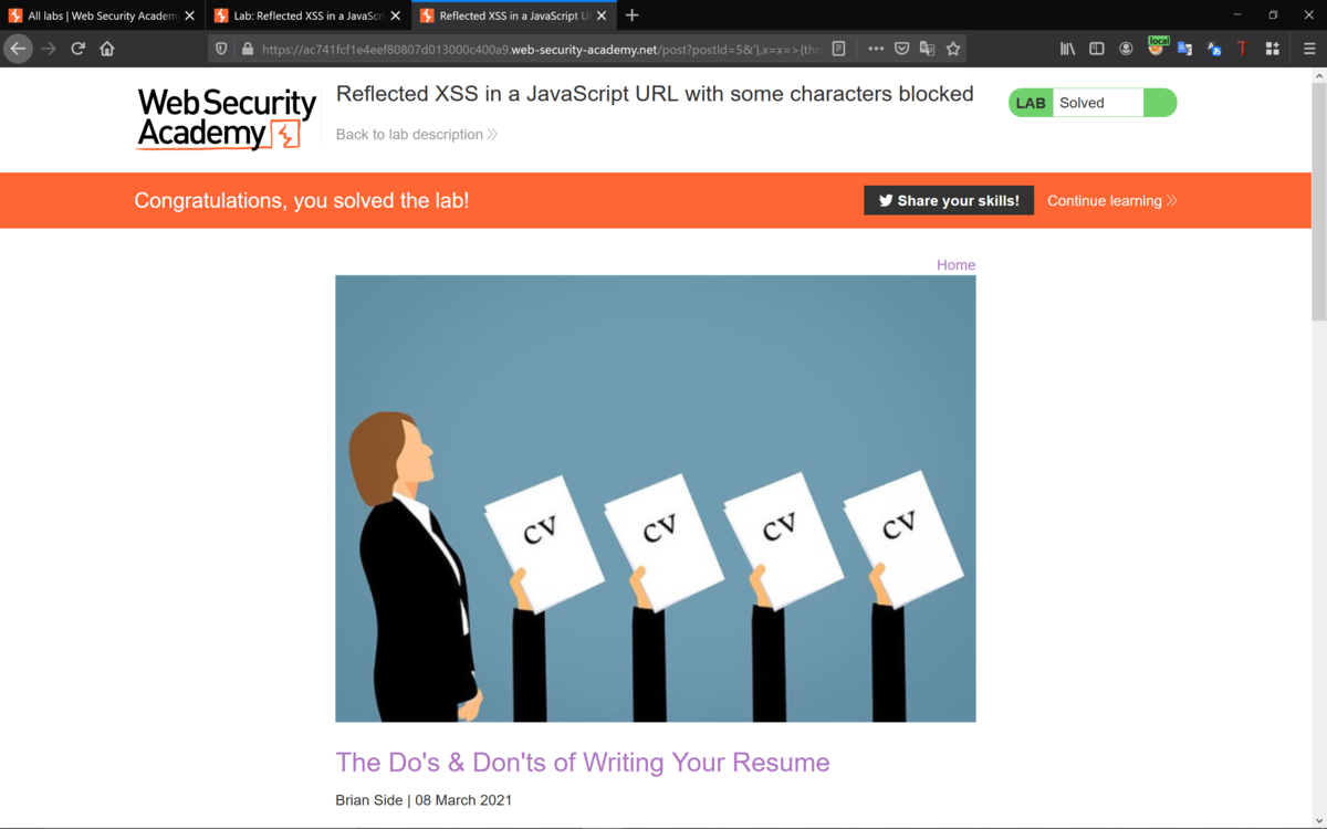 Reflected XSS in a JavaScript URL with some characters blockedをやってみた - Shikata Ga Nai