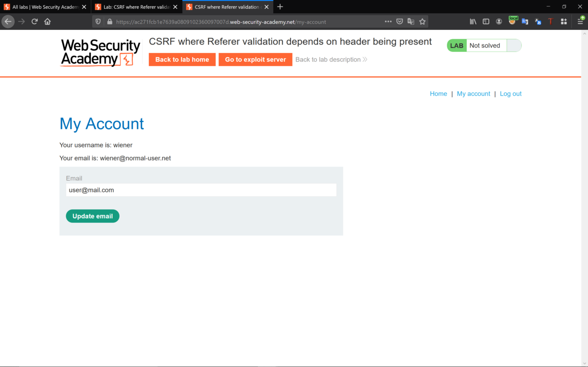 CSRF where Referer validation depends on header being presentをやってみた - Shikata Ga Nai