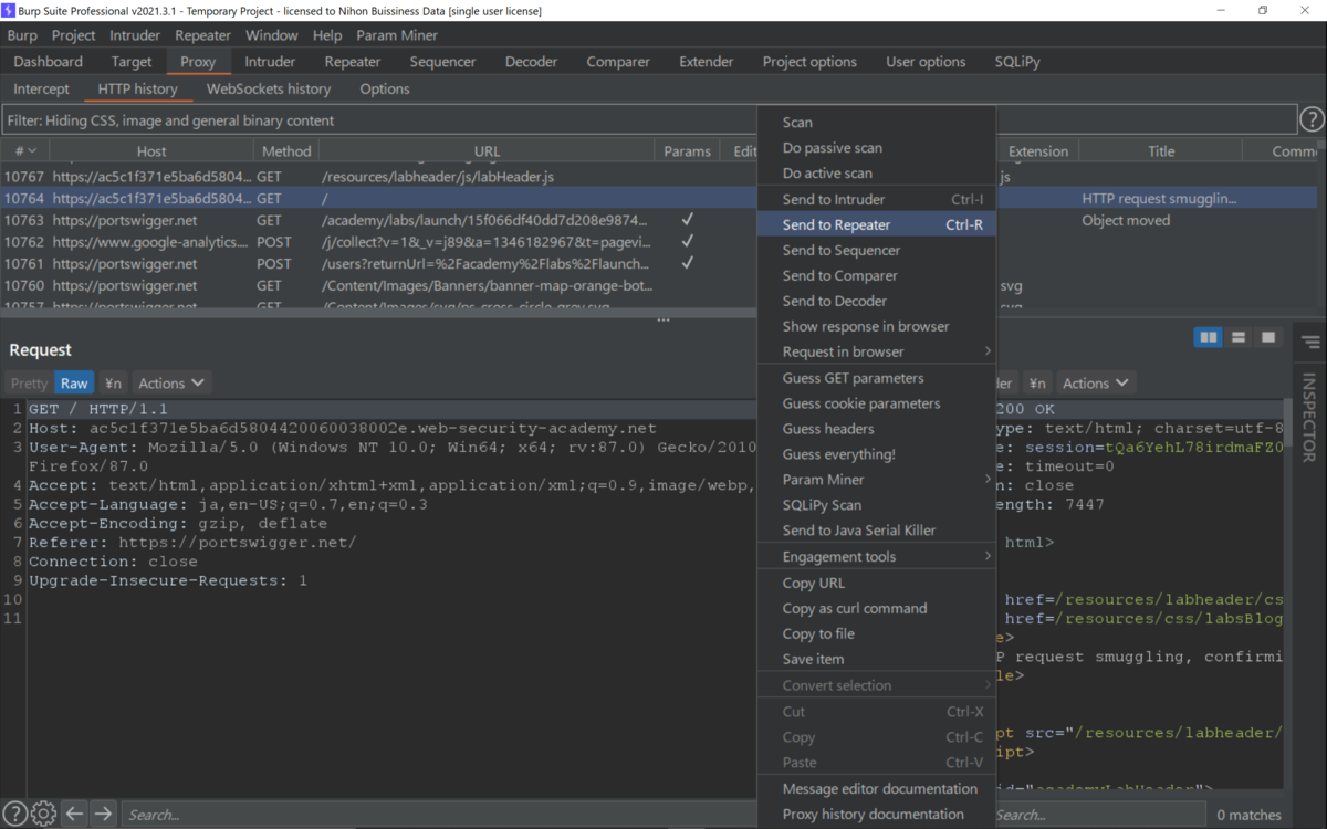 HTTP request smuggling, confirming a CL.TE vulnerability via differential responsesをやってみた ...