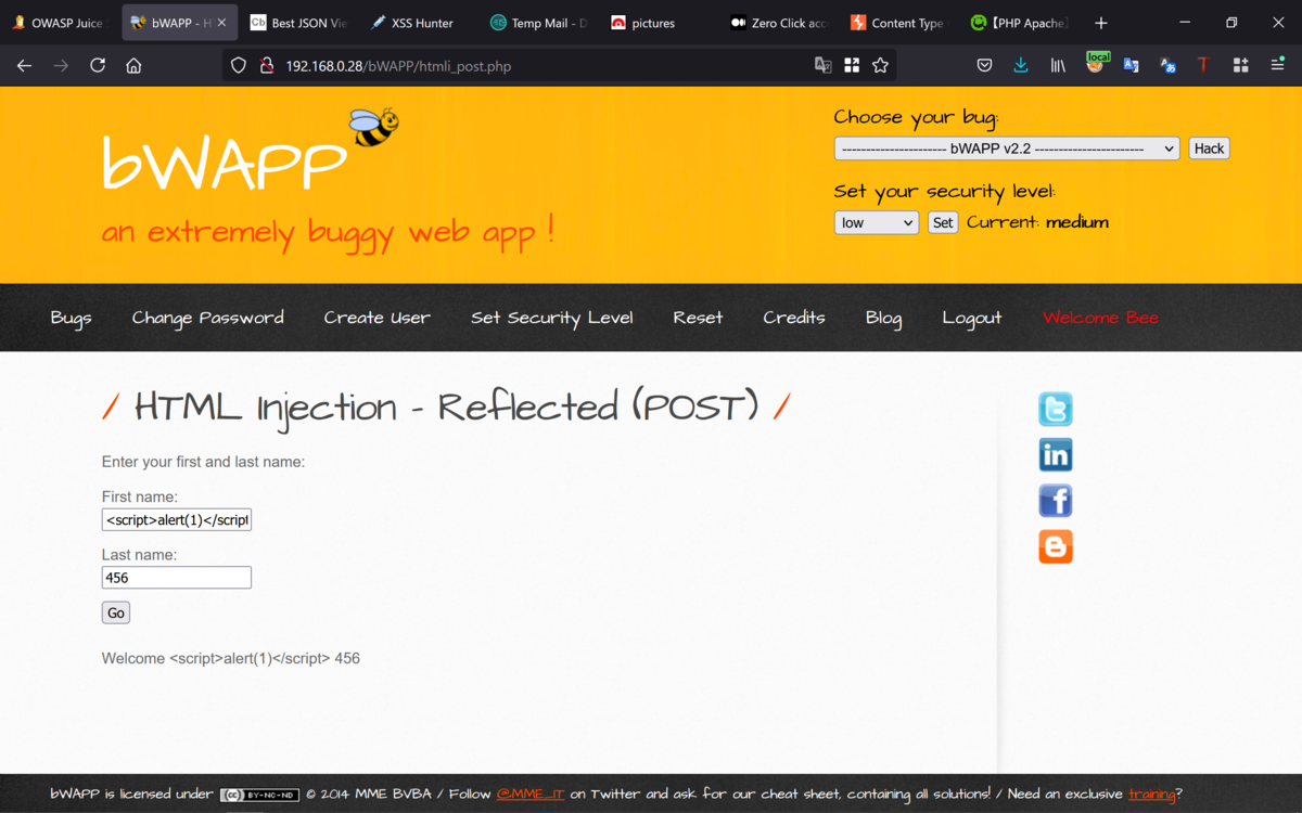 bWAPPでA1-HTML Injection - Reflected (POST)をやってみた - Shikata Ga Nai