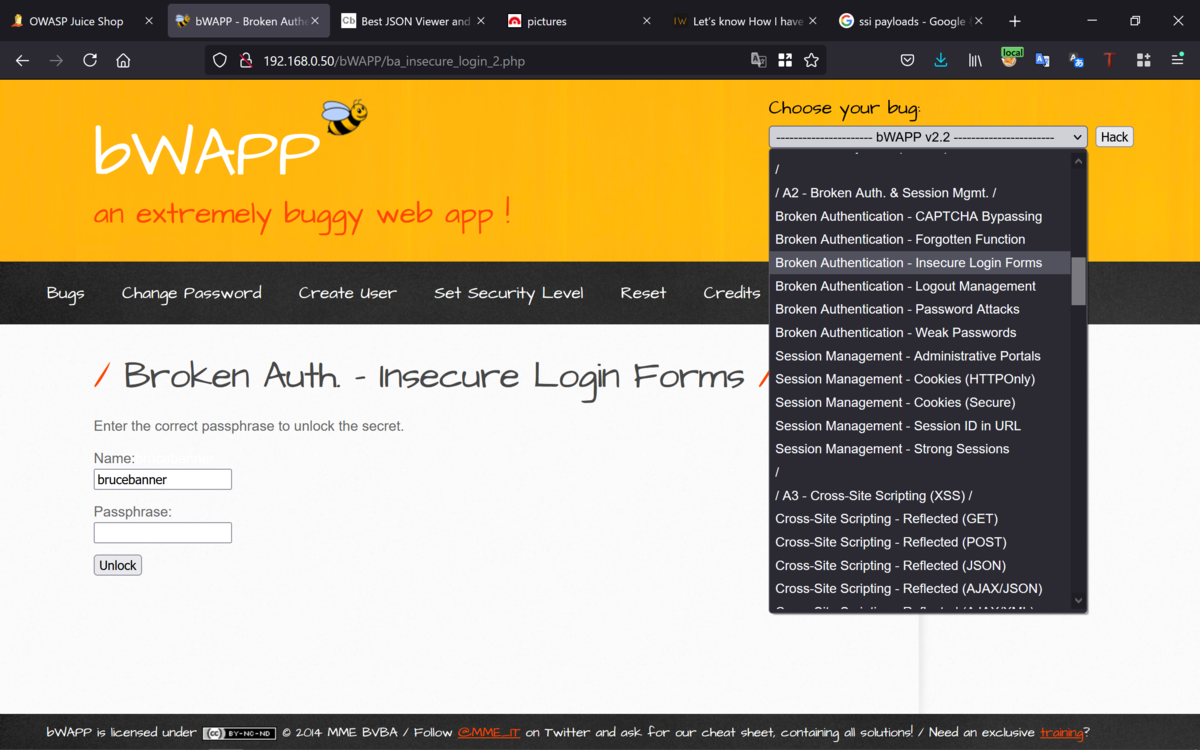 bWAPPでA2-Broken Auth. - Insecure Login Formsをやってみた(medium) - Shikata Ga Nai