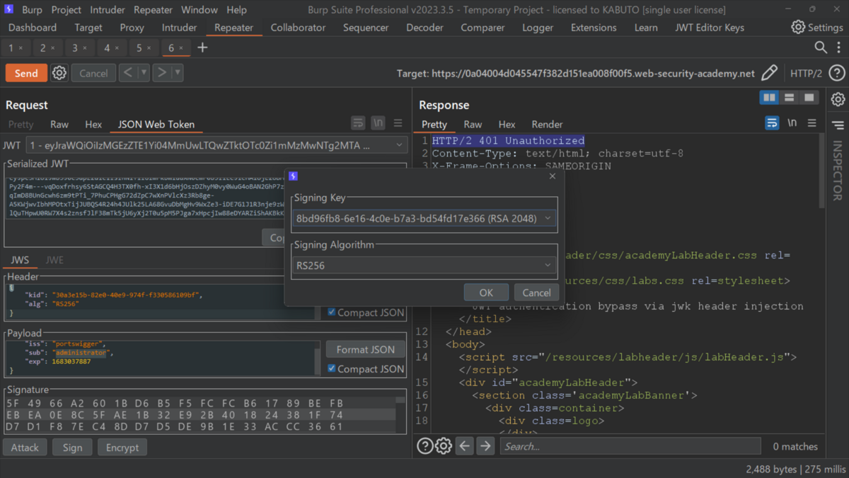 JWT authentication bypass via jwk header injectionをやってみた - Shikata Ga Nai