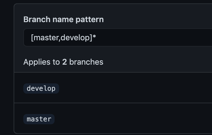 GithubのBranch protection rulesのBranch name patternで、2つのブランチ（developと ...