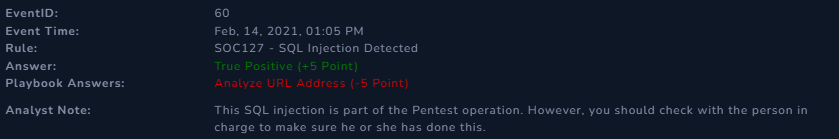LetsDefend level 1 alert SOC127 - SQL Injection Detected event-id 60 ...
