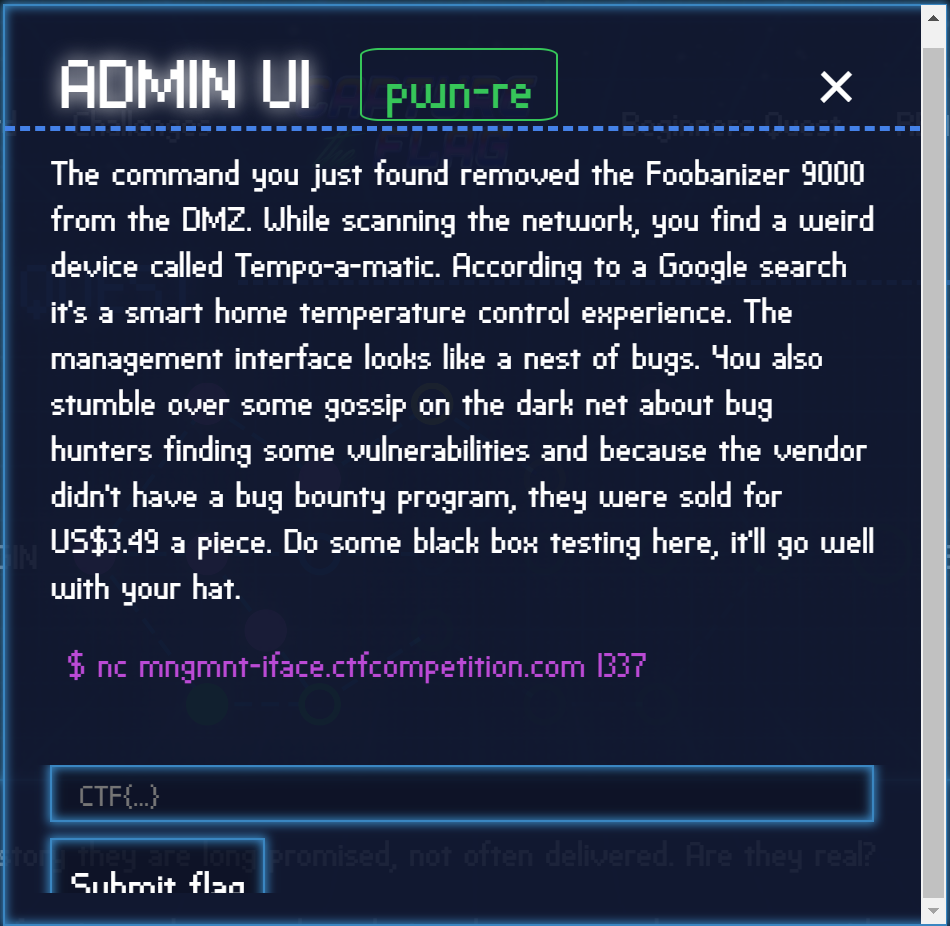 Google CTF : Beginners Quest : ADMIN UI - Zuck3r’s Study