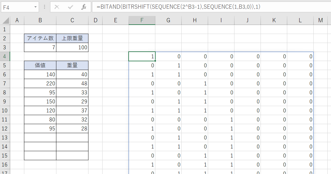 （excel）ナップザック問題を解く（総当たり法） いきなり答える備忘録