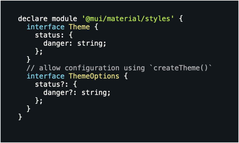 MUIのTS でのテーミングのサンプルコードスニペットのスクリーンショット