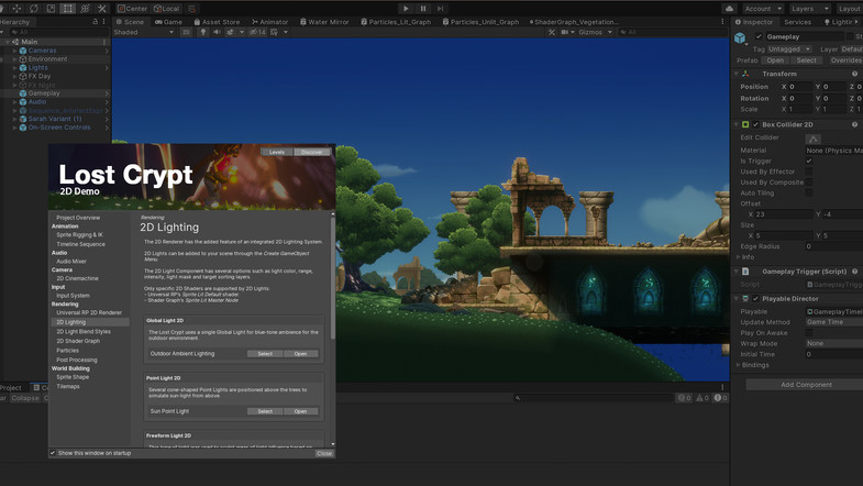【新作無料アセット】 unity 2Dゲーム開発者必見！unity 2019.3.0f3の最新技術を網羅した2D開発向けデモンストレーション用アセットが新登場 「Lost Crypt - 2D ...