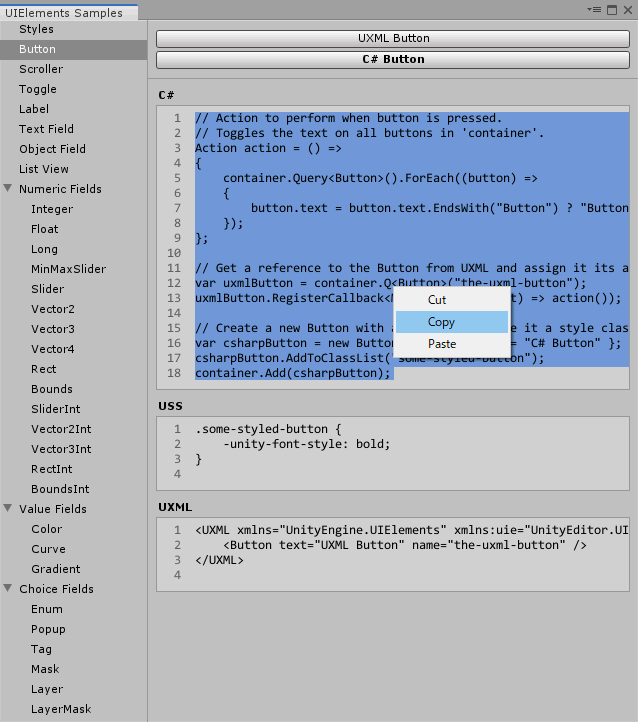 【Unity】Unity 2019.2.0 新機能 - UIElements の実装サンプルがエディタ上から閲覧できるようになった - コガネブログ