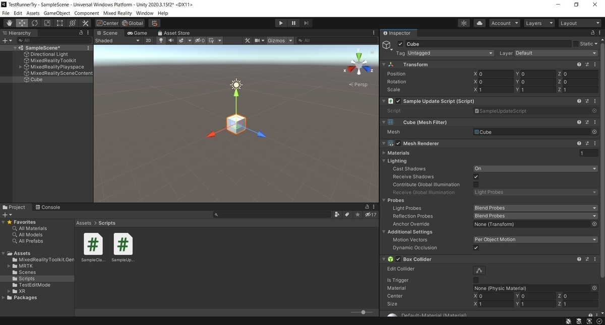 Unity Test Frameworkのplay Modeを使って再生モード上のテストを作成して実行する Mrが楽しい