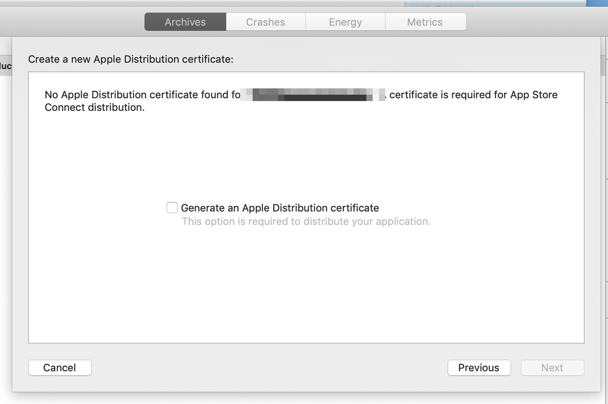 App Store向けのバイナリをエクスポートするとき「No Apple Distribution certificate found for ...」とエラーが表示される - 酢ろぐ！