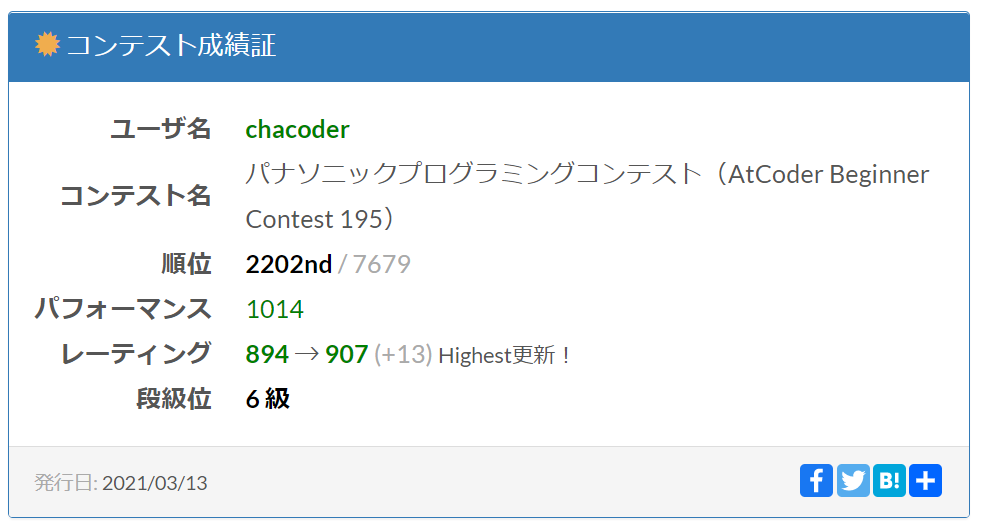 ABC195(パナソニックプログラミングコンテスト）参戦記 - chacoderのブログ