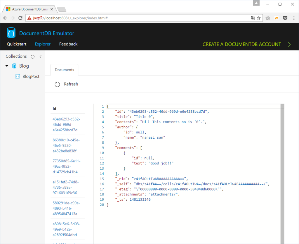 Azure DocumentDB Emulatorを使ってみた。で、.NET Coreから操作した話。 - ryuichi111stdの技術日記