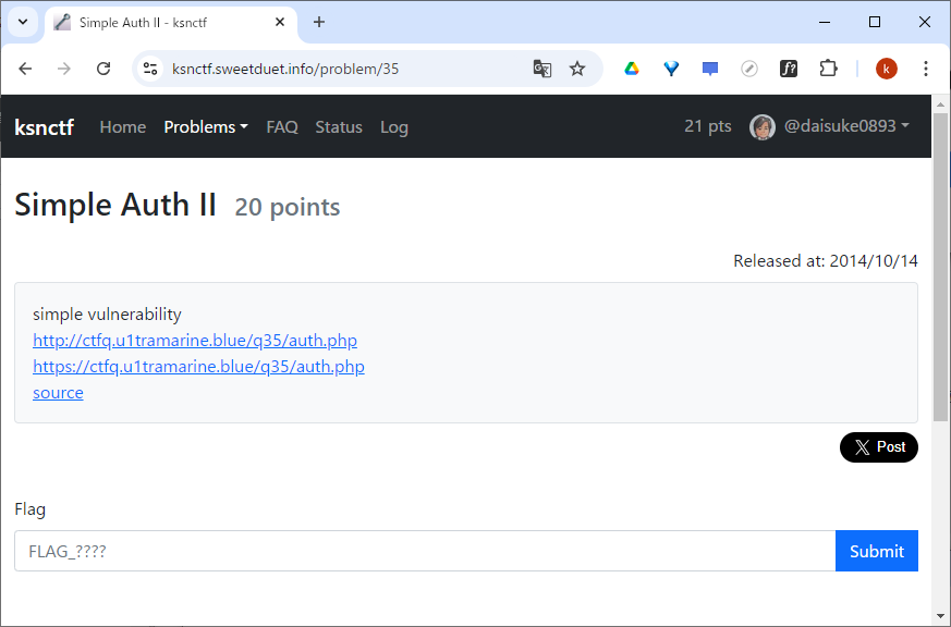 常設CTFのksnctfにチャレンジします（クリア状況は随時更新します） - 土日の勉強ノート
