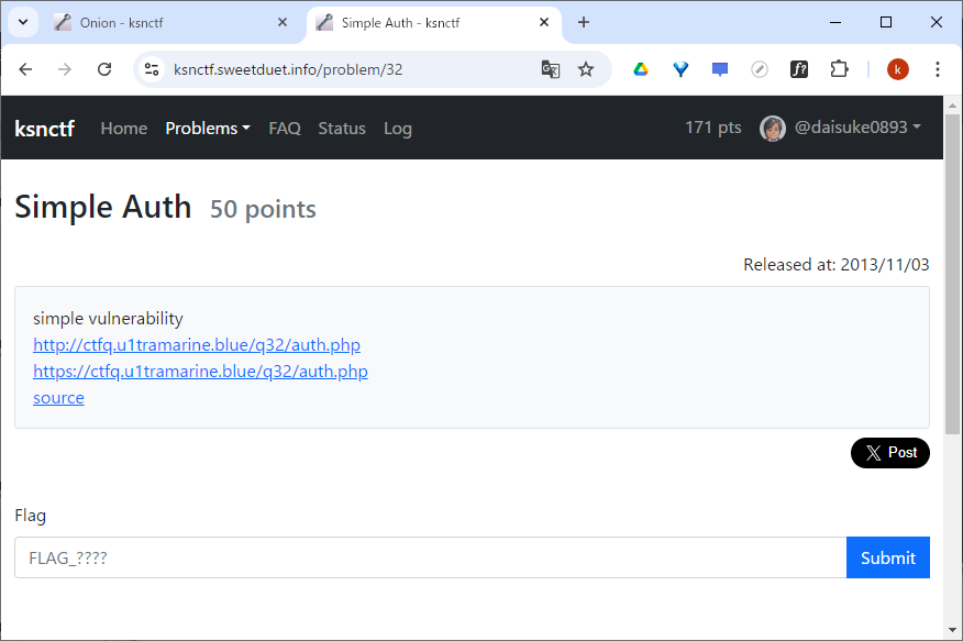 常設CTFのksnctfにチャレンジします（クリア状況は随時更新します） - 土日の勉強ノート