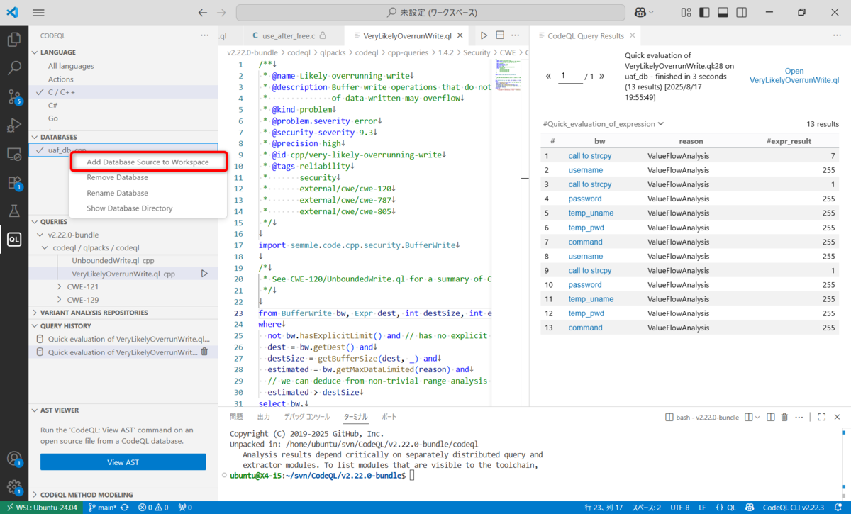 CodeQL（静的解析ツール）をVSCodeで使う方法を理解する - 土日の勉強ノート