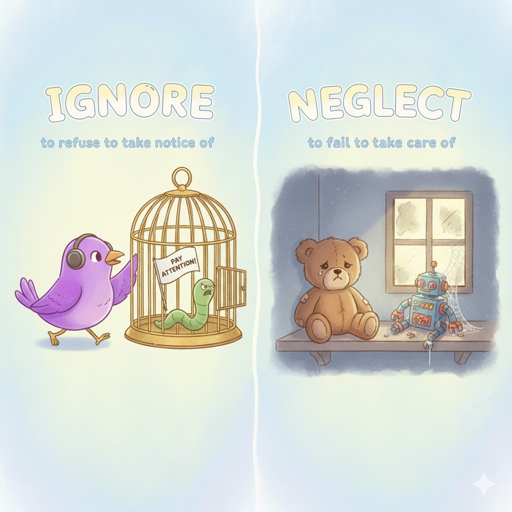 【英語】「ignore」と「neglect」の意味の違いを、Geminiにイラストにしてもらった - fanta_orange_grapeの ...