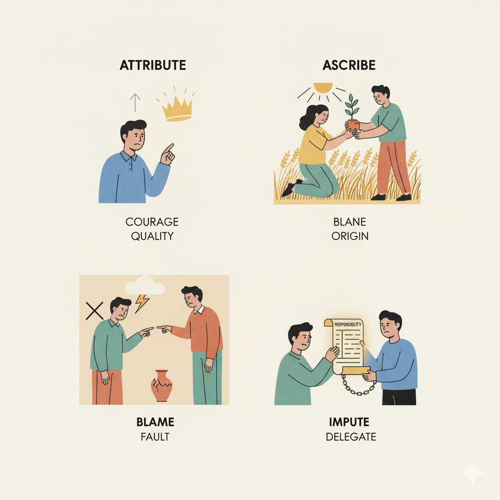 【英語】 ～のせいにする を意味する英単語（attribute, ascribe, blame, impute)の差をイラストにしてもらった ...