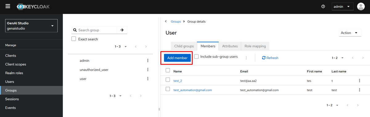 一度グループ画面に戻り、今度は user グループを選択します。 userグループを開いてAdd memberをクリック
