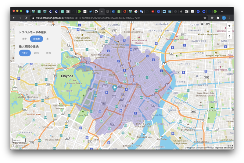 Mapbox の Isochrone API を使用してみた。 - フリーダムの日記