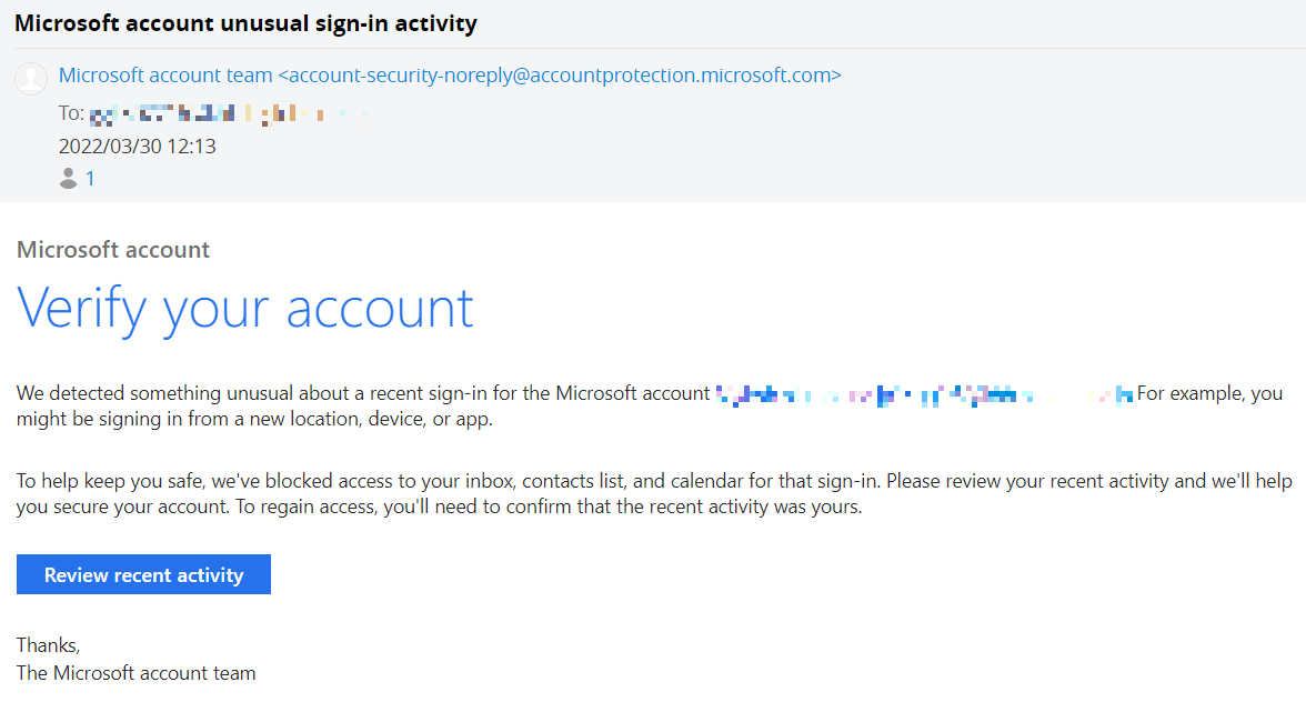 マイクロソフトから「Microsoft account unusual sign-in activity」というメールが来た - コバろぐ