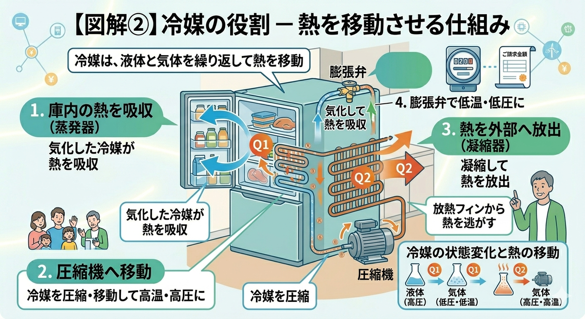 【図解】冷蔵庫の仕組みとは？冷える原理とエアコンとの違いをわかりやすく解説 - 現場おすすめLABO