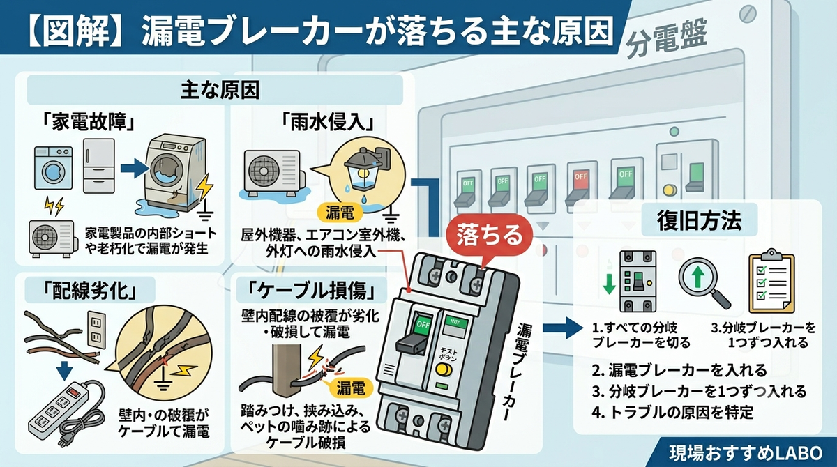 【図解】漏電ブレーカーとは？落ちた時の原因と復旧方法をわかりやすく解説 - 現場おすすめLABO