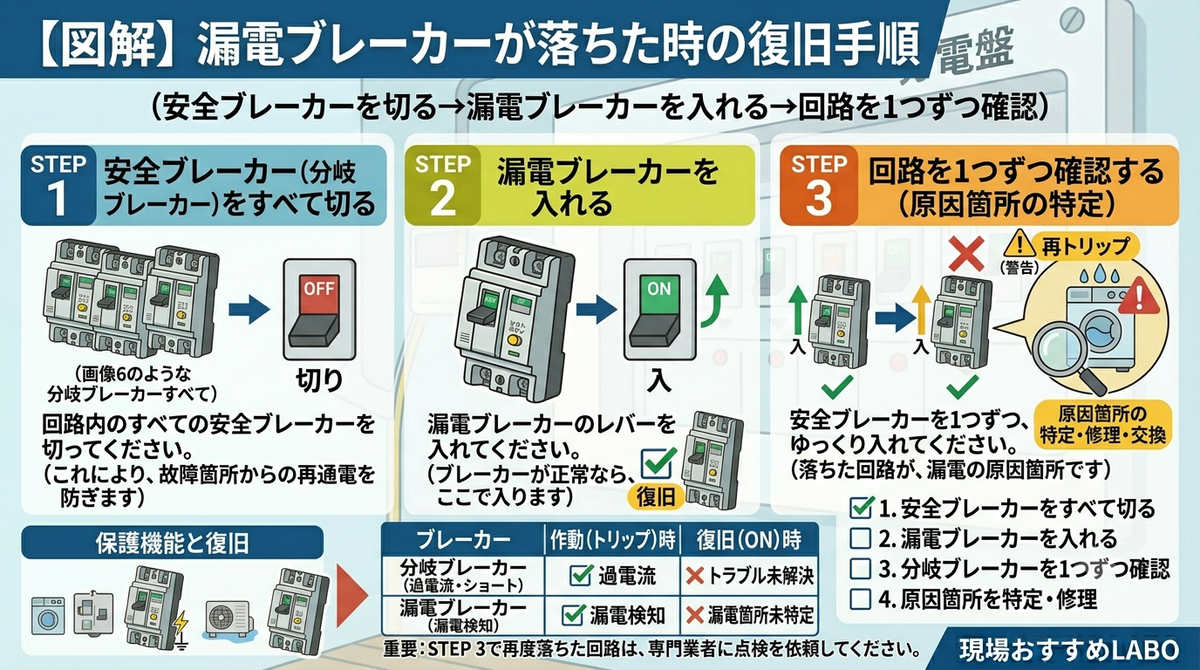 【図解】漏電ブレーカーとは？落ちた時の原因と復旧方法をわかりやすく解説 - 現場おすすめLABO
