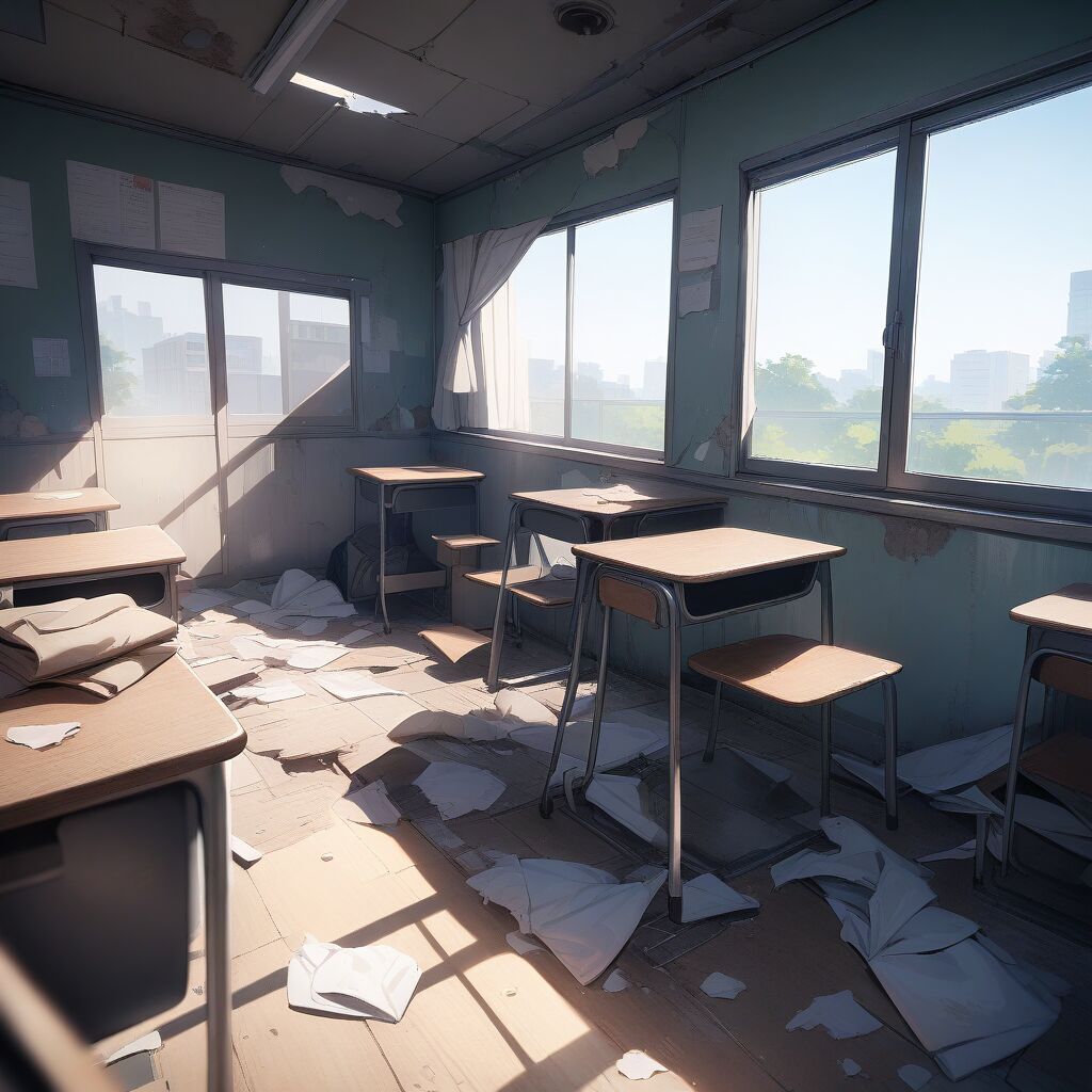 damaged classroom (壊れた教室) by Animagine XL V3.1 - AI生成画像カタログ