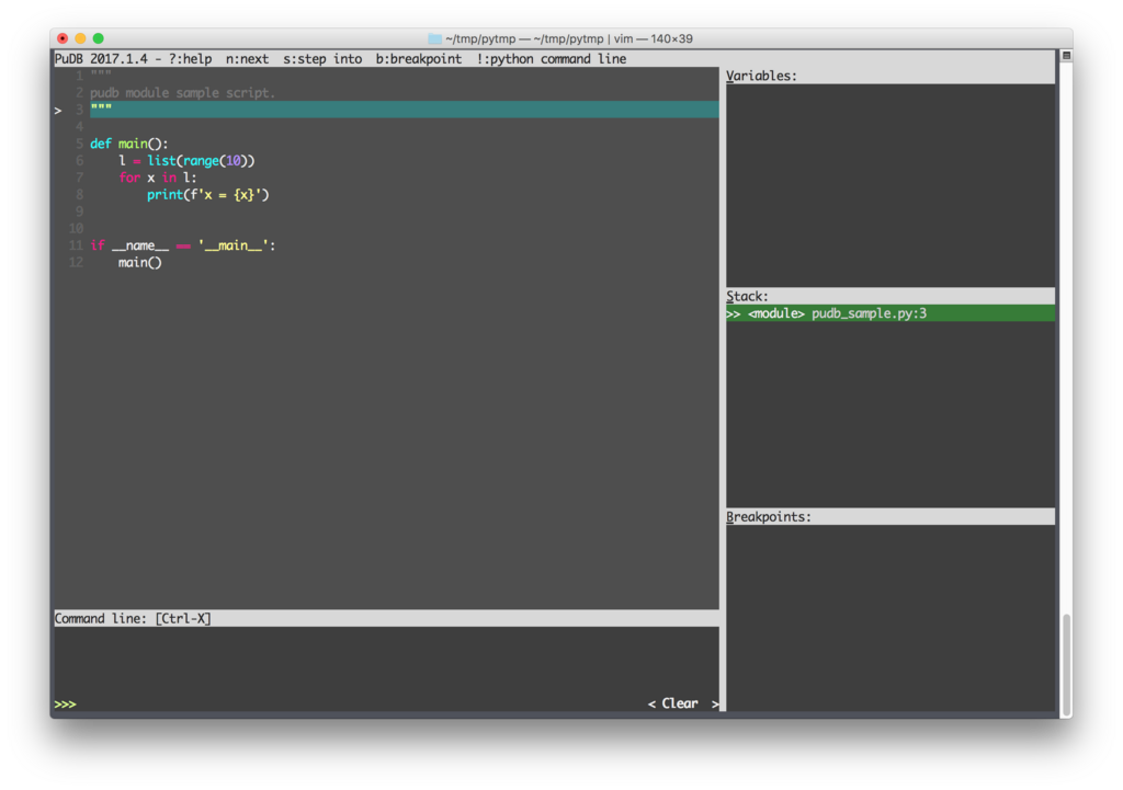 Pythonメモ-52 (ipython 上で pudb 起動) (ipython integration, pudb, %pudb, magic command) - いろいろ備忘録日記
