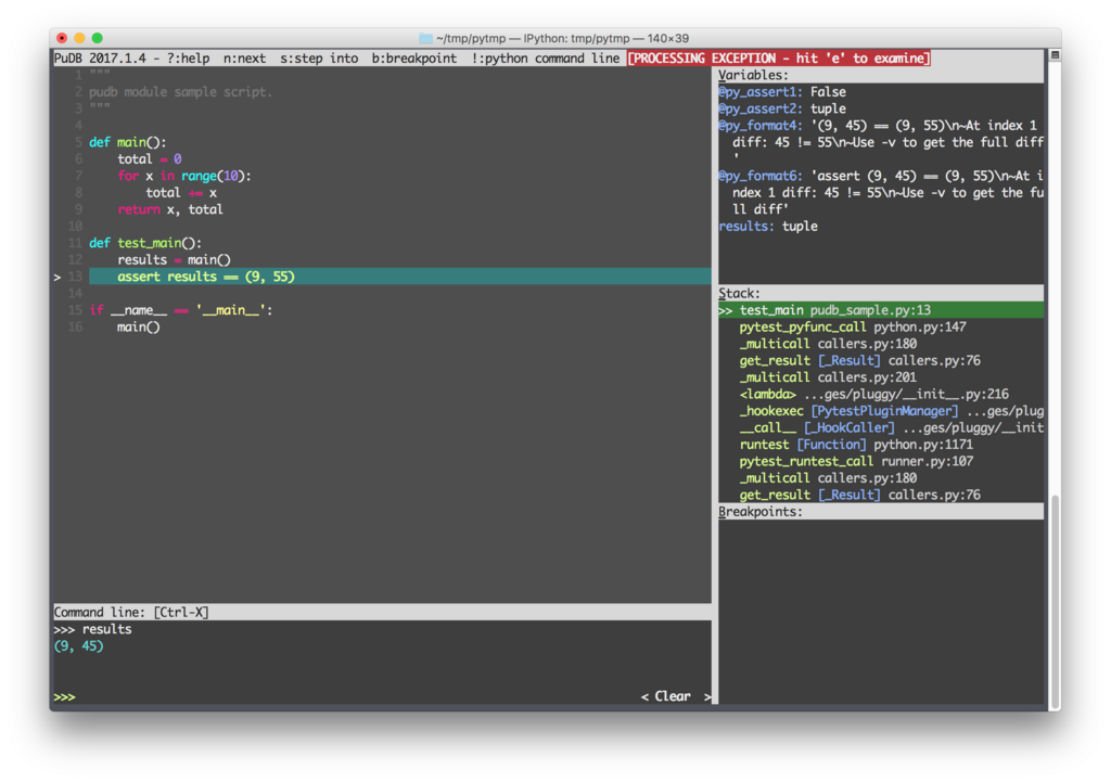 Pythonメモ-53 (pytest から pudb 起動) (pytest, pudb, pdbcls, pudb.debugger ...