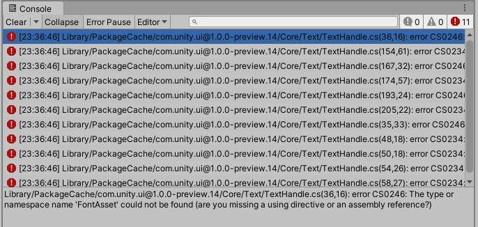 【Unity】Core/Text/TextHandle.cs(36,16): error CS0246: The type or namespace name 'FontAsset ...