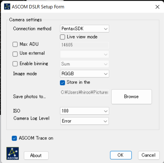 SharpCapでPentaxKPをASCOM Camera Driver For DSLRで使う（備忘録） - お気楽天体観測