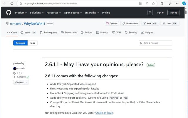 WhyNotWin11 v 2.6.1.1 がリリースされました。 - 私のPC自作部屋