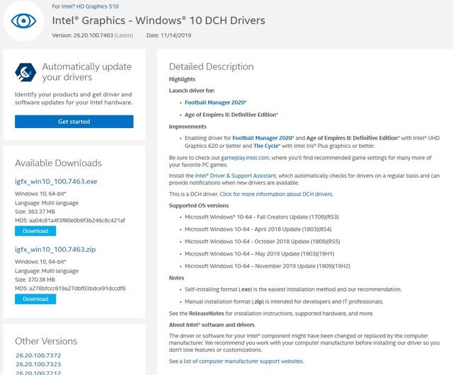 Intel HD Graphics Windows 10 DCH Driver "バージョン 26.20.100.7463" がリリースされ ...