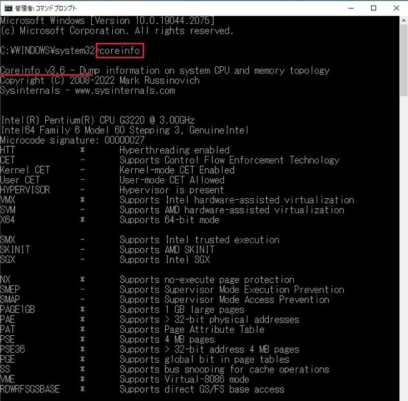 Sysinternals Suite の アプリ "Coreinfo v3.6" を使って見ました。 - 私のPC自作部屋